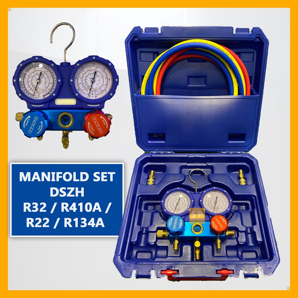 DSZH Manifold Set Gas Meter 2-Valve R32 / R410A / R134A / R22 5FT HOSE C/W ADAPTER ALUM BODY ...