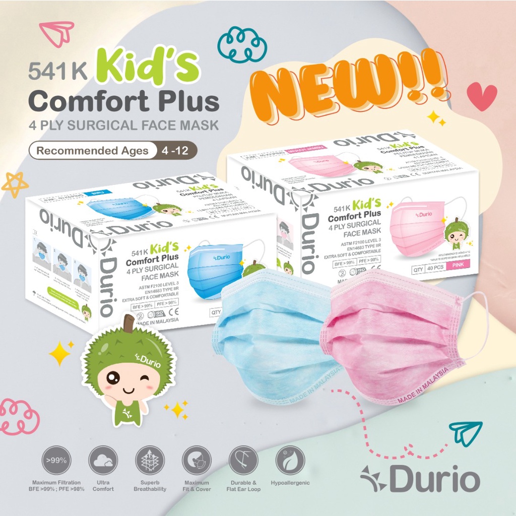 Durio 541K Kids Comfort Plus 4 Ply Surgical Face Mask (40 Pcs) | Shopee ...