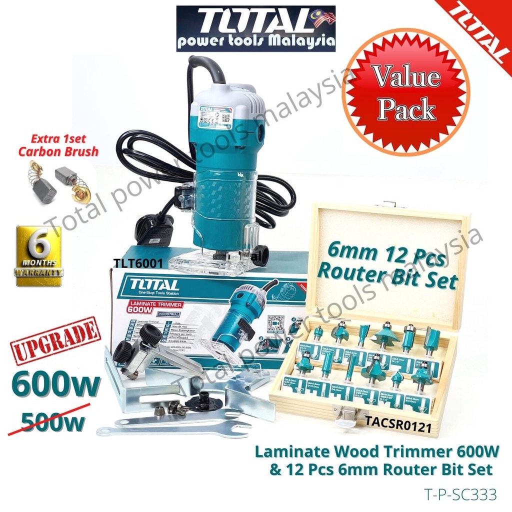 TOTAL Laminate Wood Trimmer 600W + 12 Pcs Router Bit Set 6mm TACSR0121 ...