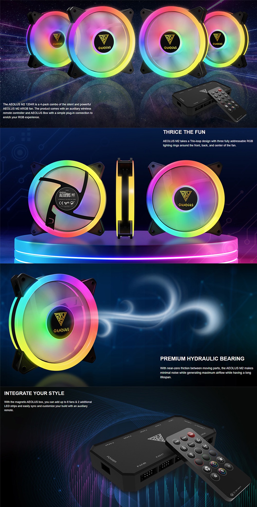 Gamdias AEOLUS M2 1204R 120mm RGB Case and Radiator 4-Fan Pack with Hub ...