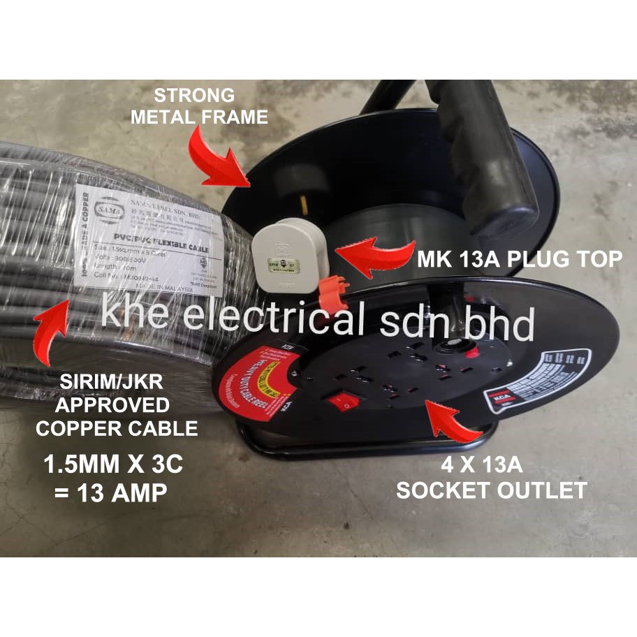 1.5MMX3 COPPER/JKR CABLE+4X13A SOCKET OUTLET EXTENSION ROLLER +MK 13A ...