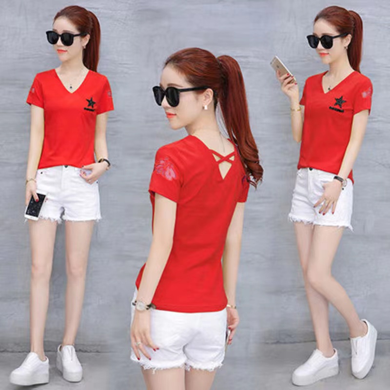 V Neck Short Sleeved T Shirt Womens Summer Decoration Slimming Fashion