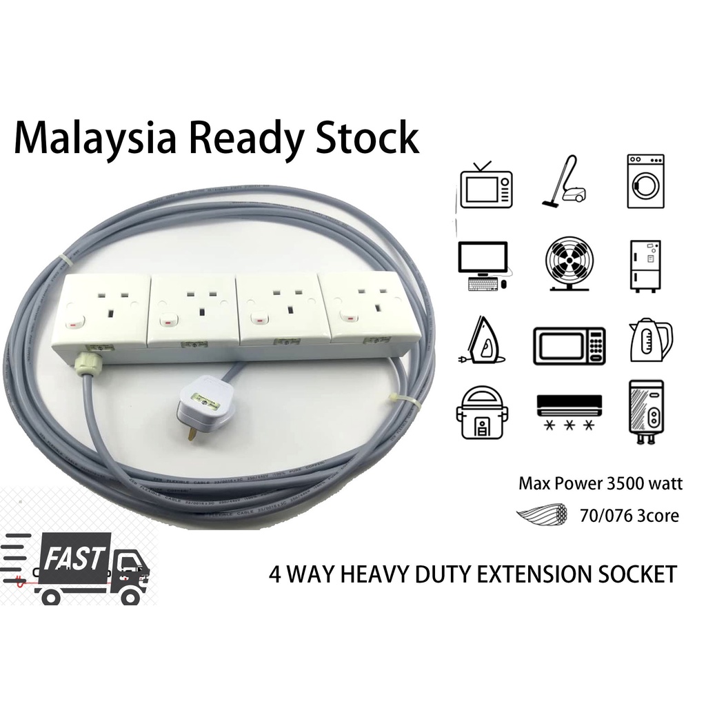 4 Way Heavy Duty Trailing Socket Extension Socket 3c Flexible Cable Sirim Full Copper Wire
