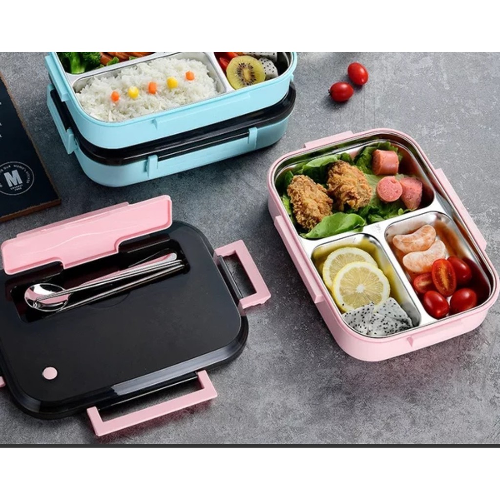 Stainless Steel Tupperware Food Container 3 Dividers Rubber Seal Cover ...