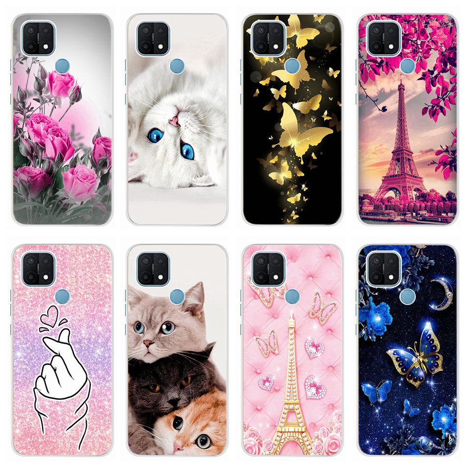 OPPO A15 CPH2185 / A15s CPH2179 Cute Cat Butterfly Painted Case Clear ...