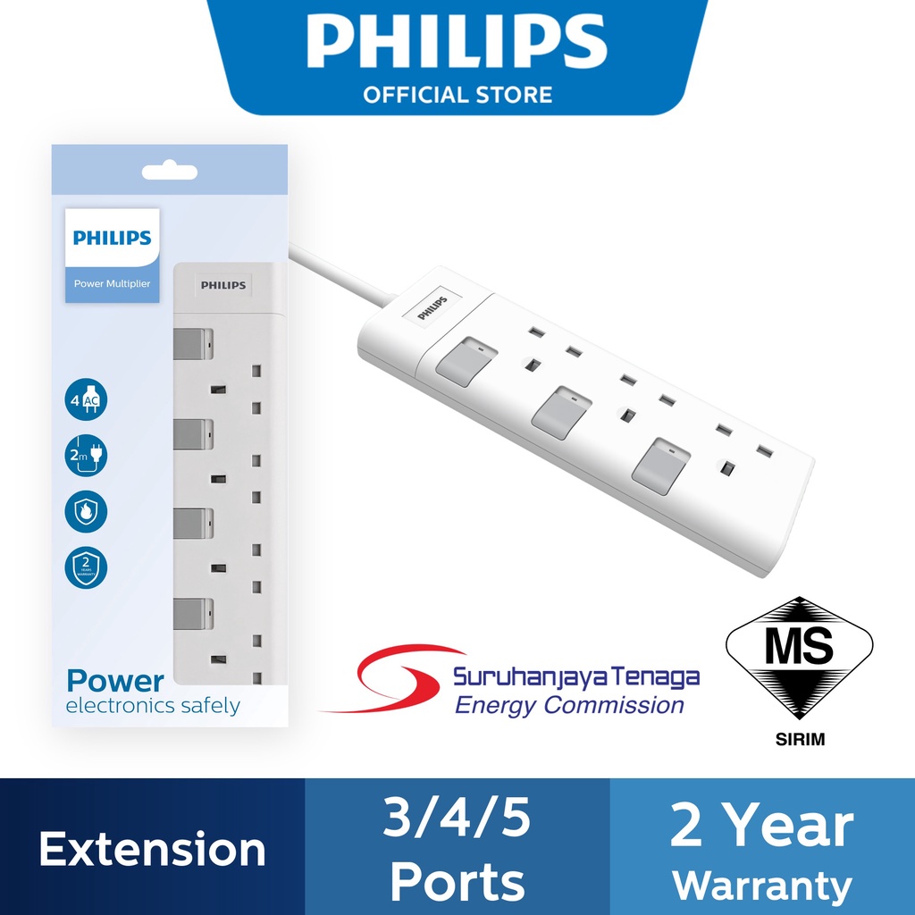 Philips Extension Socket SIRIM Certified Multiple Plug Power Strip Adapter Extender Heavy Duty ...