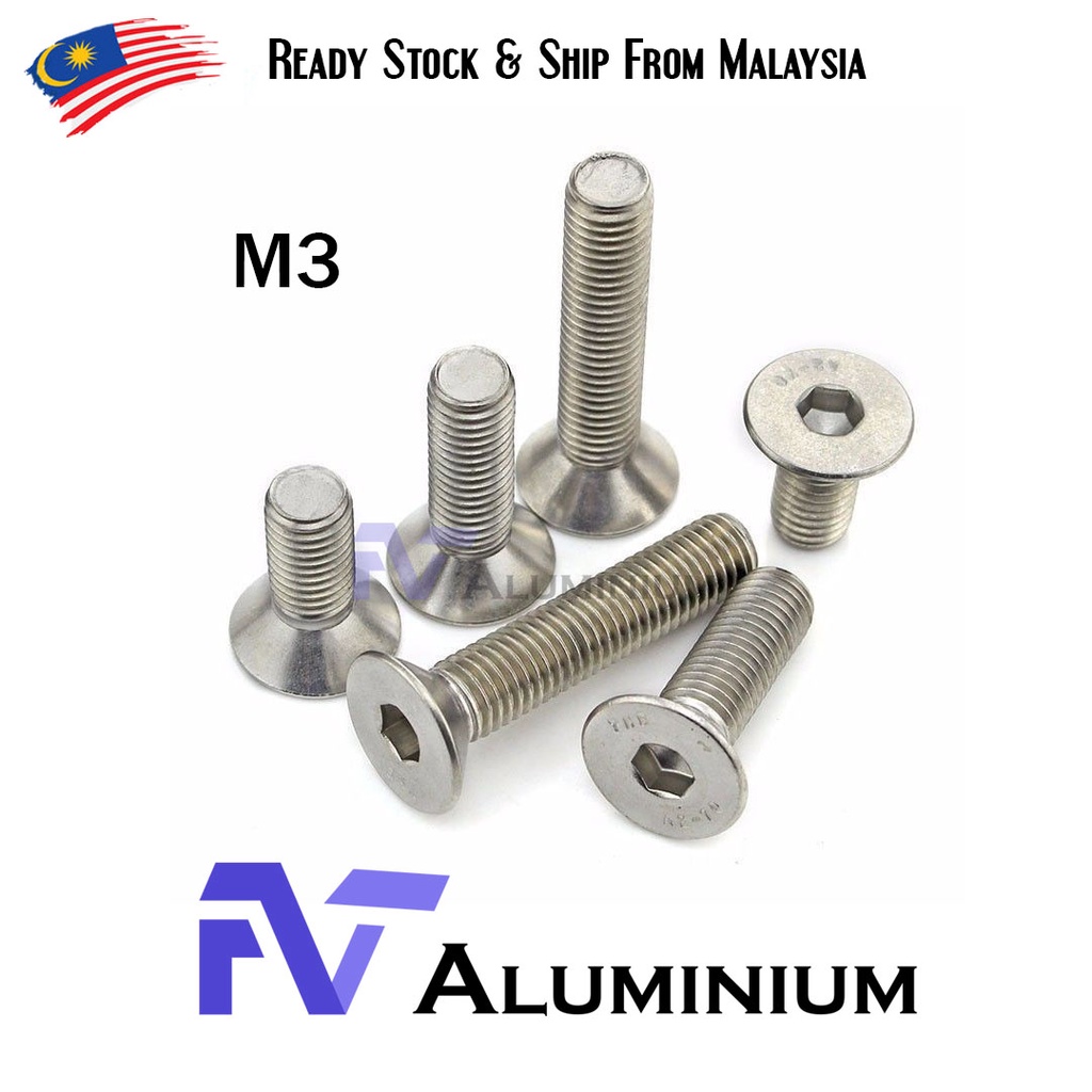 SUS 304- M3 Hex CSK Socket Flat Countersunk Head Screw Stainless Steel ...