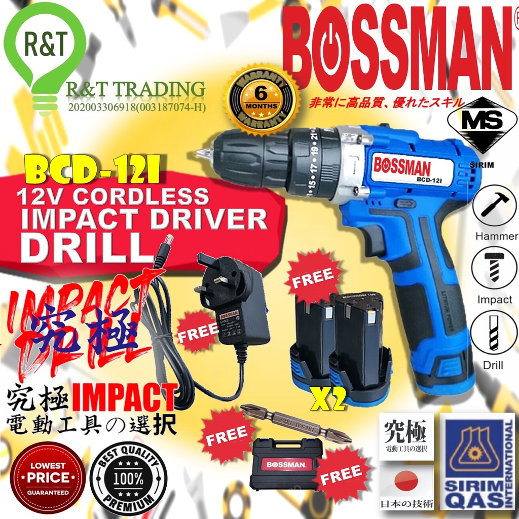 Bossman 12v Cordless Impact Hammer Drill Driver Drill Wall 1 5a