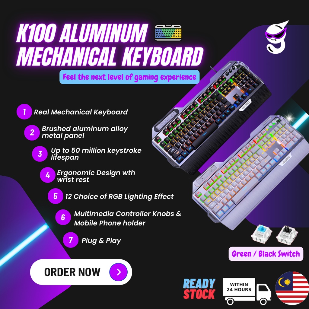 YINDIAO K100 Aluminum Mechanical Keyboard 104 Keys With Multimedia Knob ...