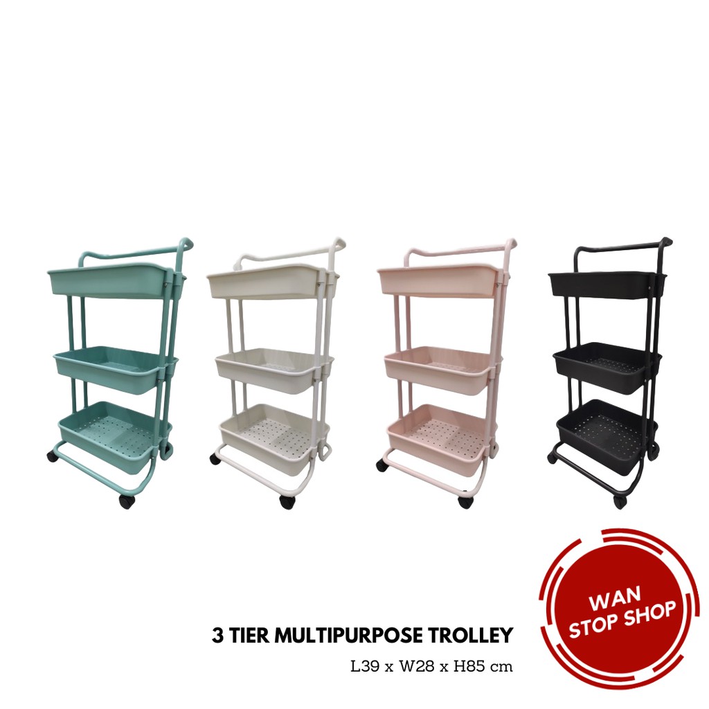 3 Tier Trolley Storage Rack with Handle and Wheels, Troli 3 Tingkat ...