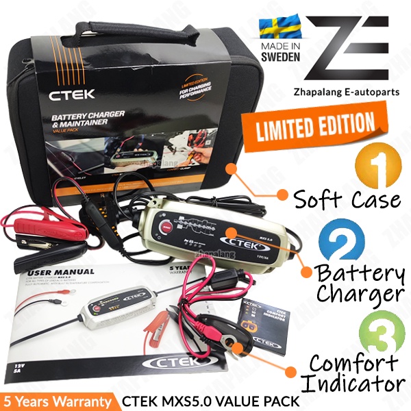 CTEK MXS 5.0 Value Pack Battery Charger + Comfort Indicator + Carry Bag ...