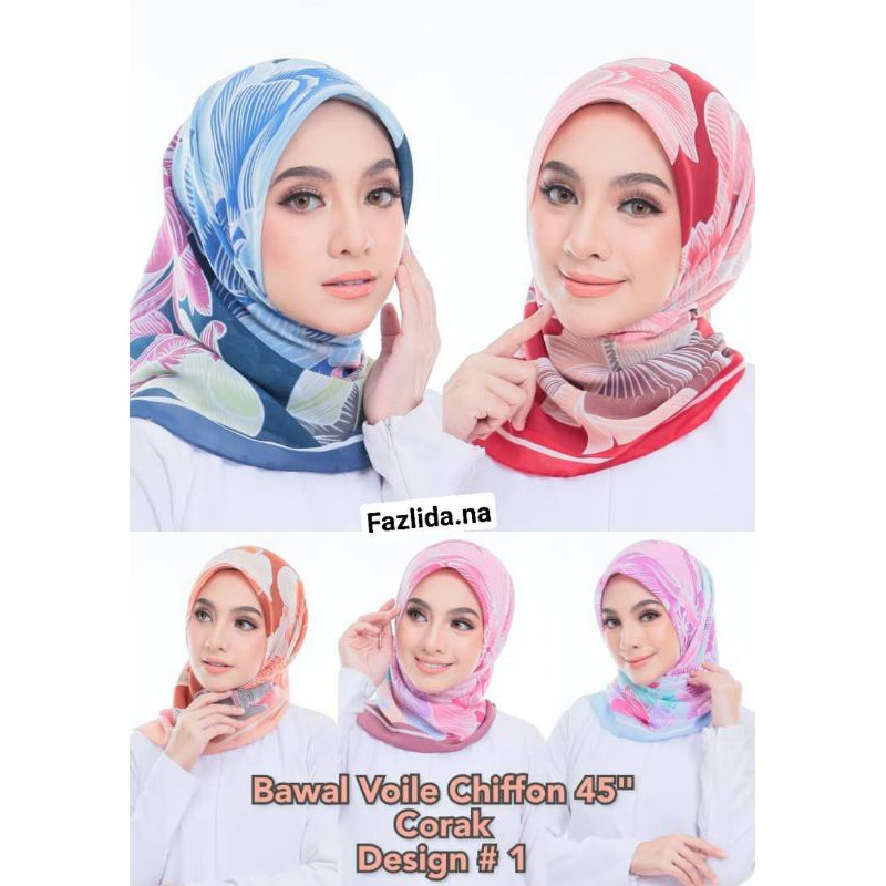 Tudung Bawal Printed Chiffon Voile Corak Floral Bunga Bidang 45 Square ...