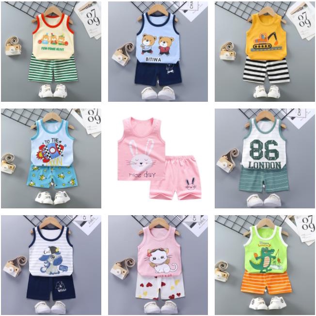1-5Years Baby Boys Girls Sleeveless Cotton Cartoon Singlet +Shorts Suit ...
