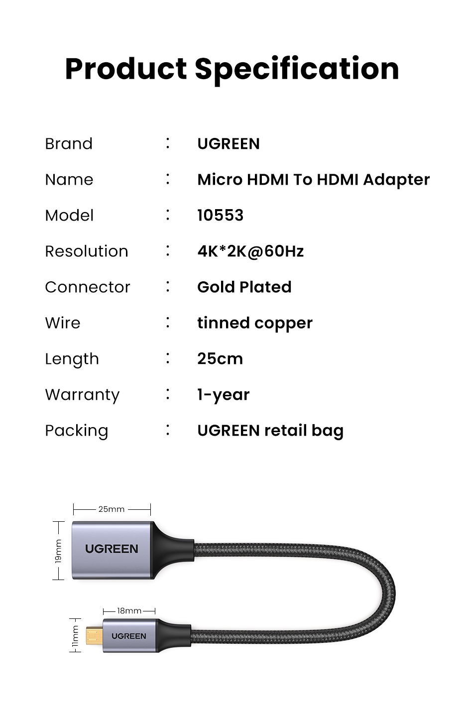 UGREEN 0.25M Micro HDMI to HDMI Cable Male to Female Micro HDMI Adapter | Shopee Malaysia