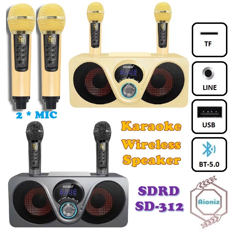SDRD SD-312 Portable Family Karaoke System Condenser Wireless Stereo Bluetooth Speaker Dual Mic ...