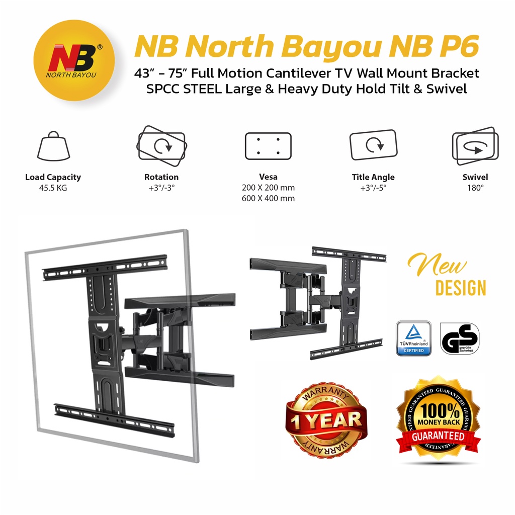 NB North Bayou P6 45 to 75 inch Full Motion Cantilever TV Wall Mount bracket Large & Heavy Duty ...