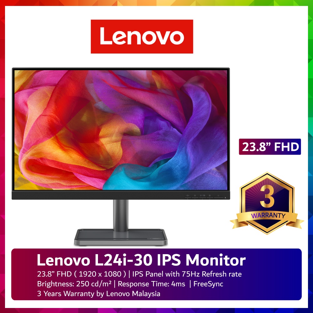 Lenovo Monitor L24i-30 23.8" Monitor (4ms, 75Hz, FHD, IPS Panel , HDM ...