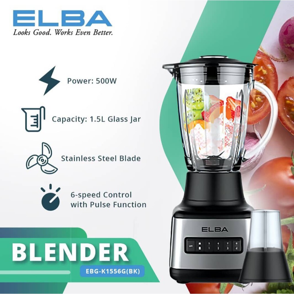 ELBA 500W 1.5L GLASS JAR BLENDER EBG-K1556G(BK) | Shopee Malaysia