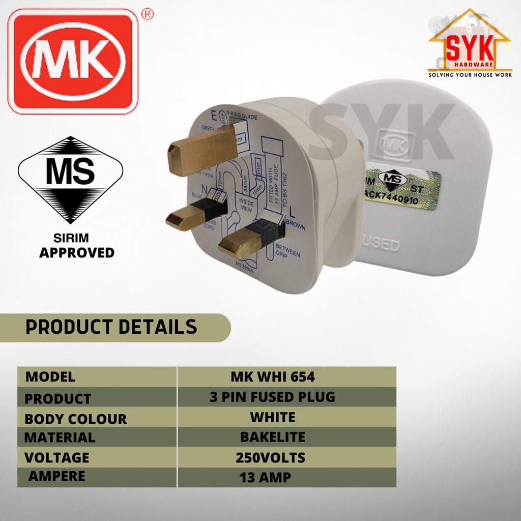 SYK MK 13Amp 250V WHI 654 3 Pin Electric Safety Fused Plug Top ...