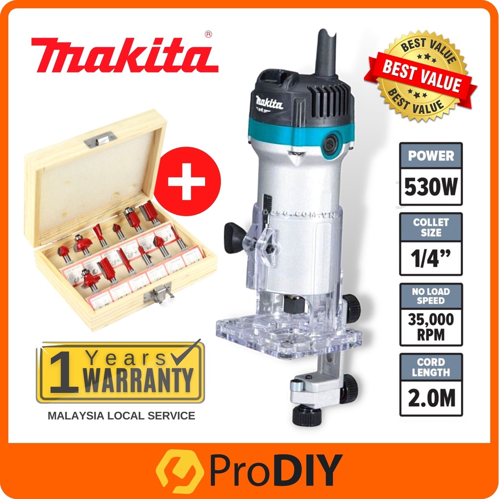 MAKITA M3701B 1/4" 6mm Wood Router Trimmer Aluminium Casing + 12Pcs ...
