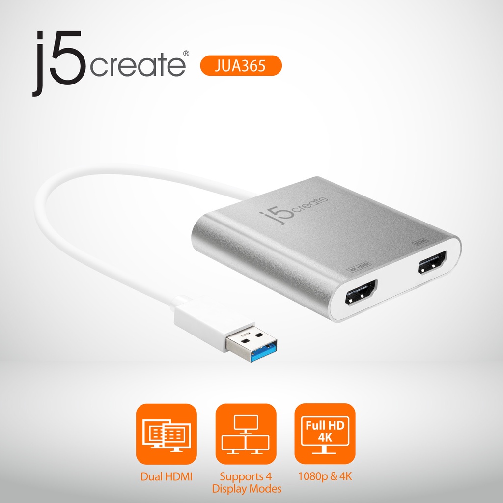 j5create JUA365 USB to Dual HDMI 4K &2K Ultra HD 2 Monitor Adapter ...