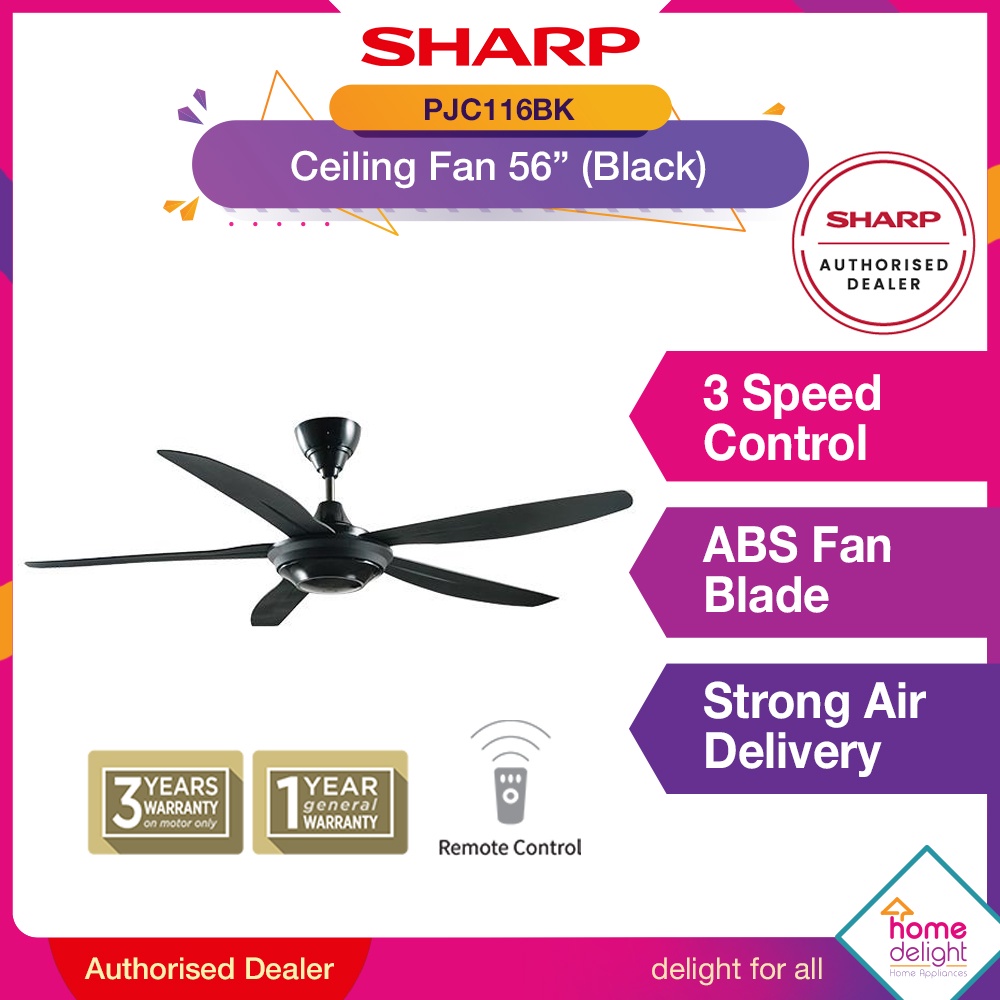 Sharp Ceiling Fan 5 Blade 56" Remote [ PJC116 ] [ PJC116BK Black ...