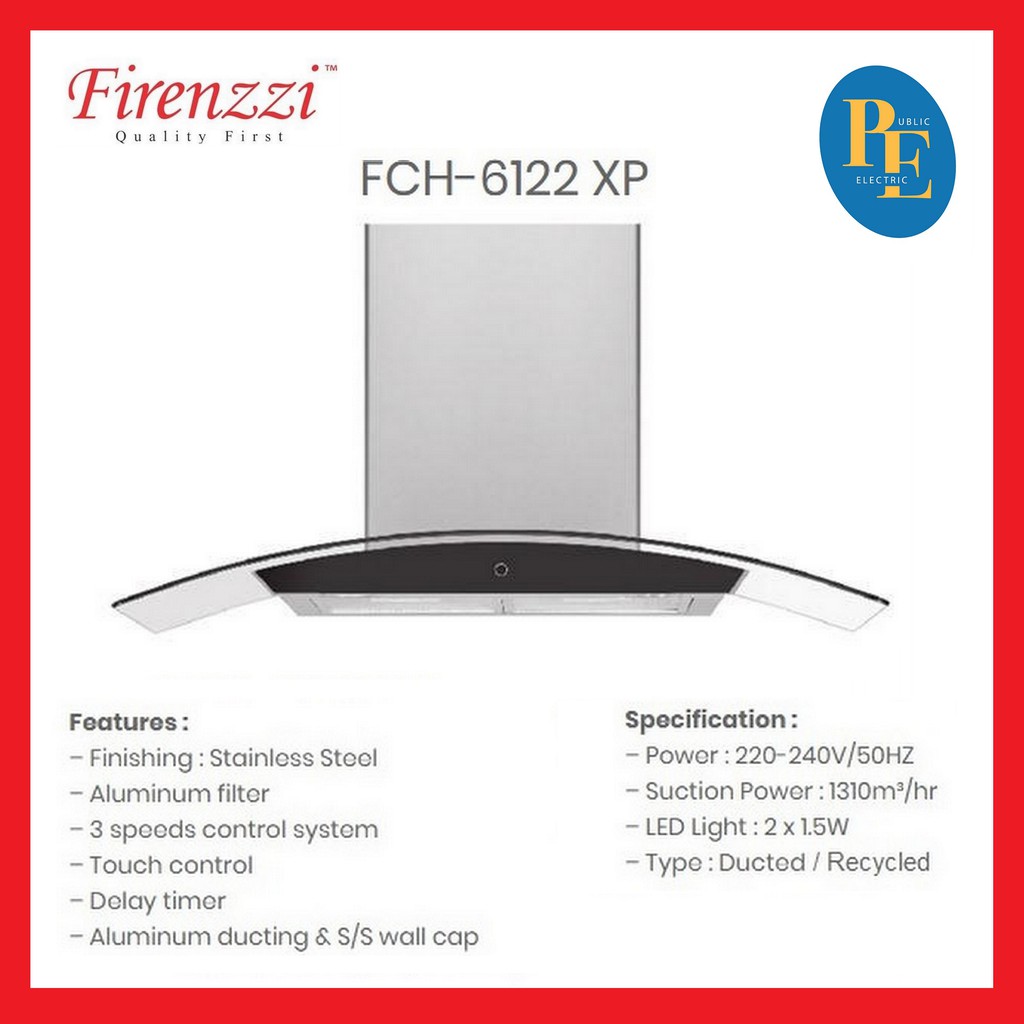 Firenzzi 1310m³/hr Touch Control Stainless Steel Cooker Hood - FCH-6122 ...