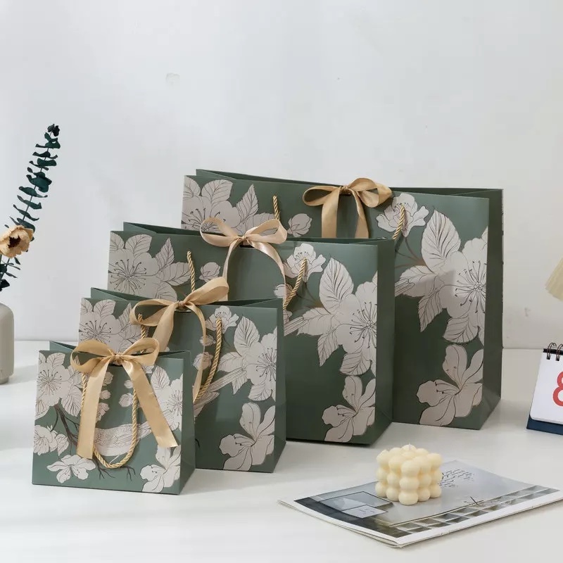High-Quality Green Floral Paper Bag with Random Ribbon |Printing ...