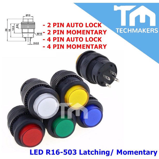 Push Button Switch with LED (4 pin, 5V) / without LED (2 pin) R16-503 ...