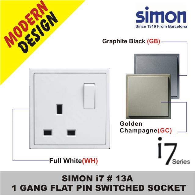 SIMON i7 # 13A 1 GANG FLAT PIN SWITCHED SOCKET OUTLET With FRAME ...