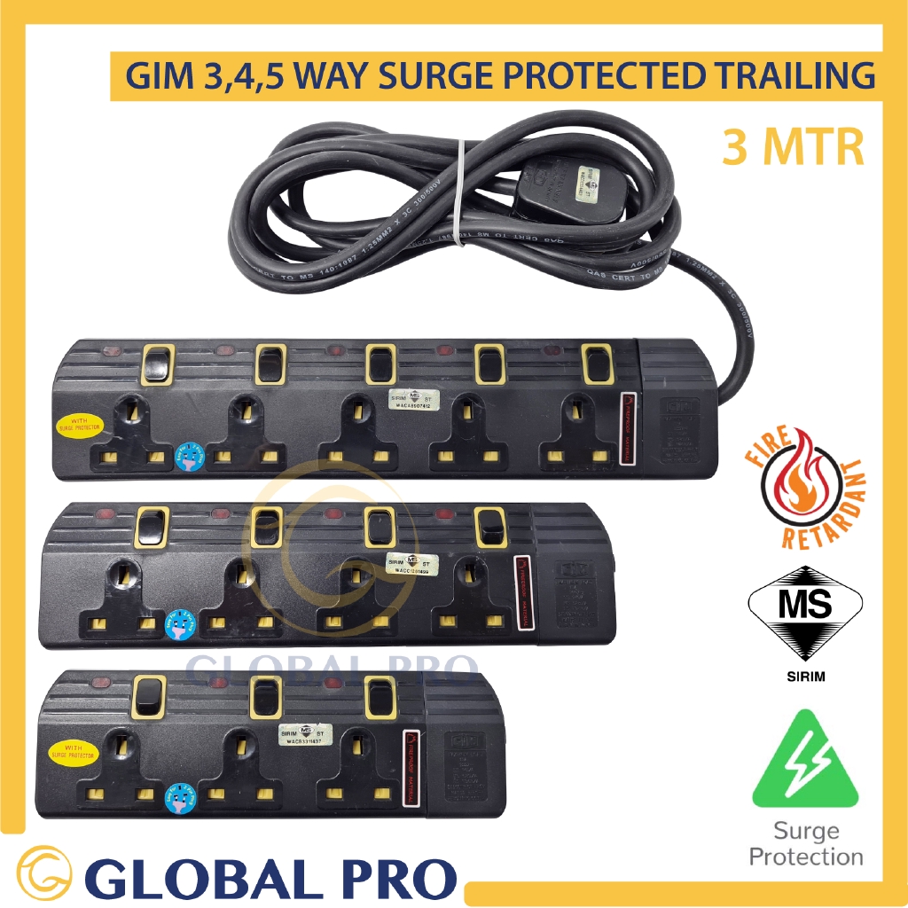 [sirim] Gim 3 4 5 Way 3mtr Surge Protector Sleek Black Portable Extension Trailing Socket