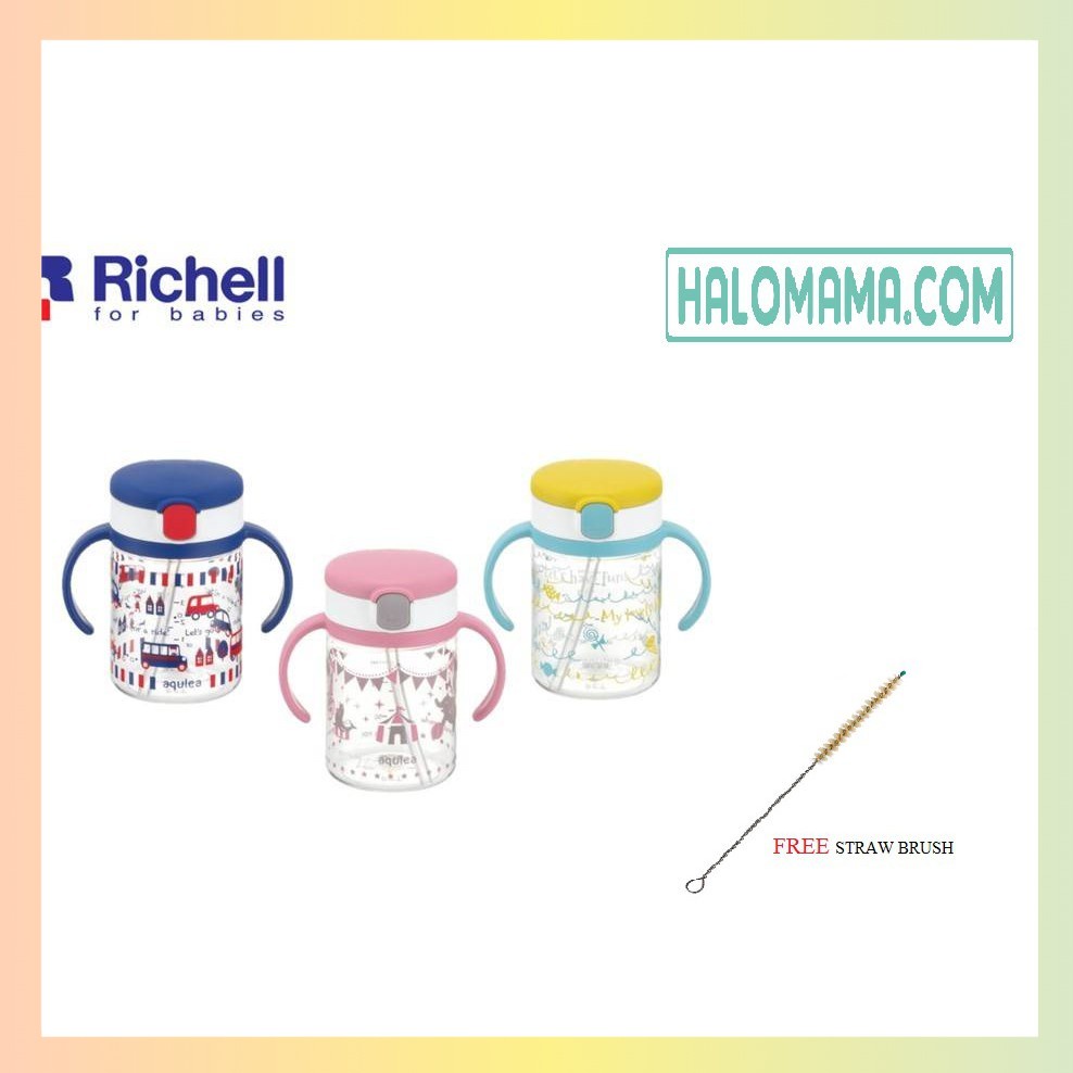 Richell aq clear straw mug 200ml/300ml 7m+ Free Straw Brush HALOMAMA | Shopee Malaysia