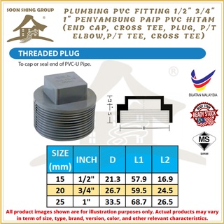 PLUMBING PVC FITTING 1/2" 3/4" 1" Penyambung Paip PVC HITAM (End Cap ...