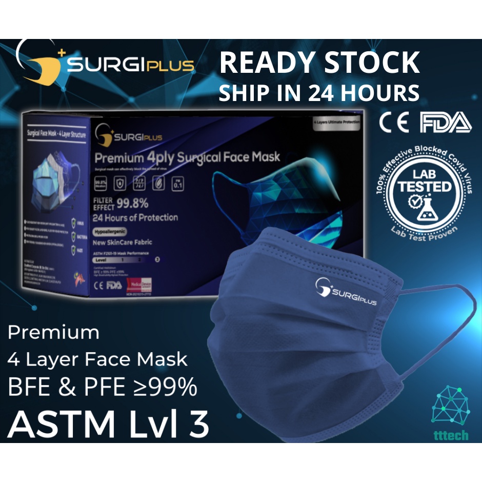 SurgiPlus Premium 4ply Surgical Face Mask ASTM Lvl 3 (50 pcs/ Box ...