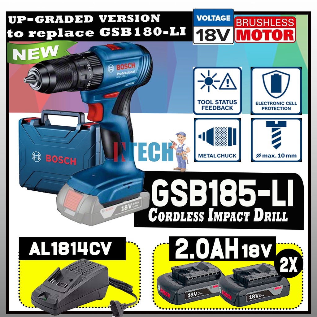BOSCH GSB185-LI / GSB185LI BRUSHLESS MOTOR CORDLESS IMPACT DRILL C/W 2x ...