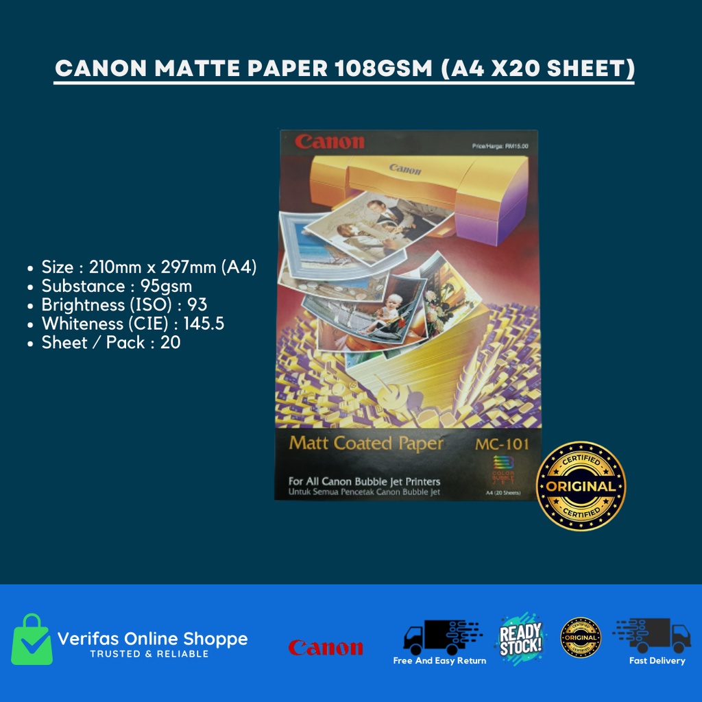 CANON MATTE PAPER 108GSM A4 X20 SHEET Shopee Malaysia