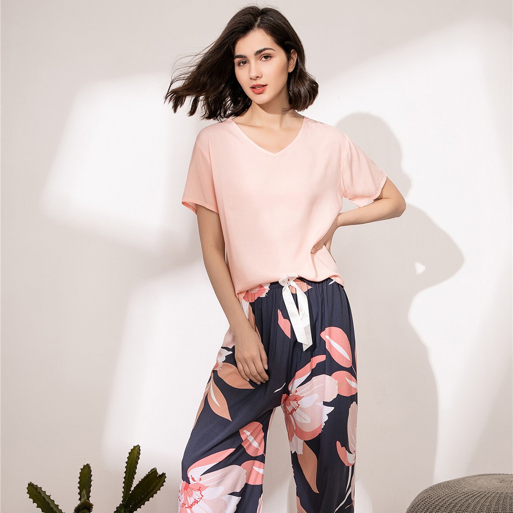 Spring Summer New Women Cotton Silk Pajamas Set Ladies Short Sleeve ...