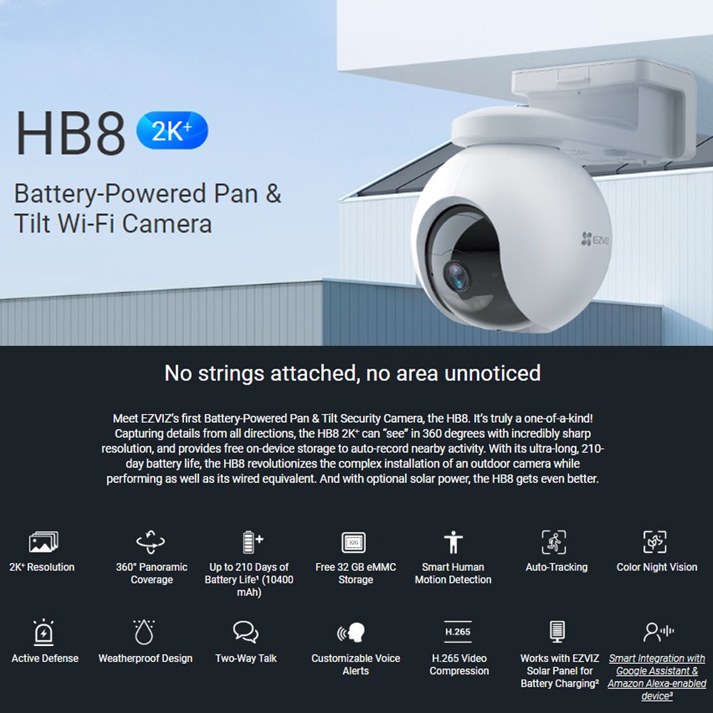 Ezviz HB8 2K⁺ 4MP 1440P Rechargeable Battery-Powered Pan & Tilt Wi-Fi Built-in 32GB eMMC Storage ...