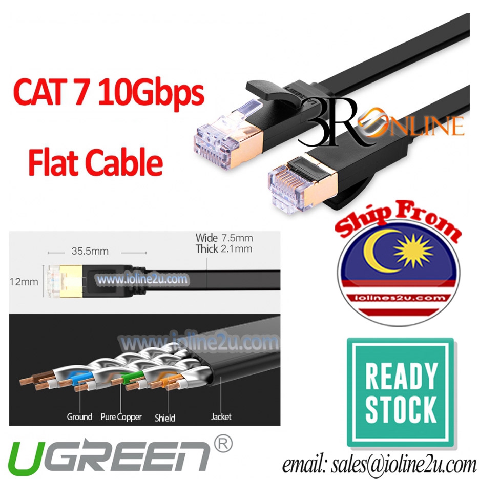 20m Ugreen Flat 10 Gigabit Cat 7 STP Patch cord LAN Cable Cat7 Gold ...
