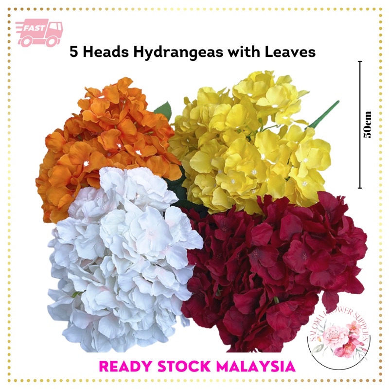 Artificial Hydrangea 5 Heads Flower with Leaves Wedding Decorations ...