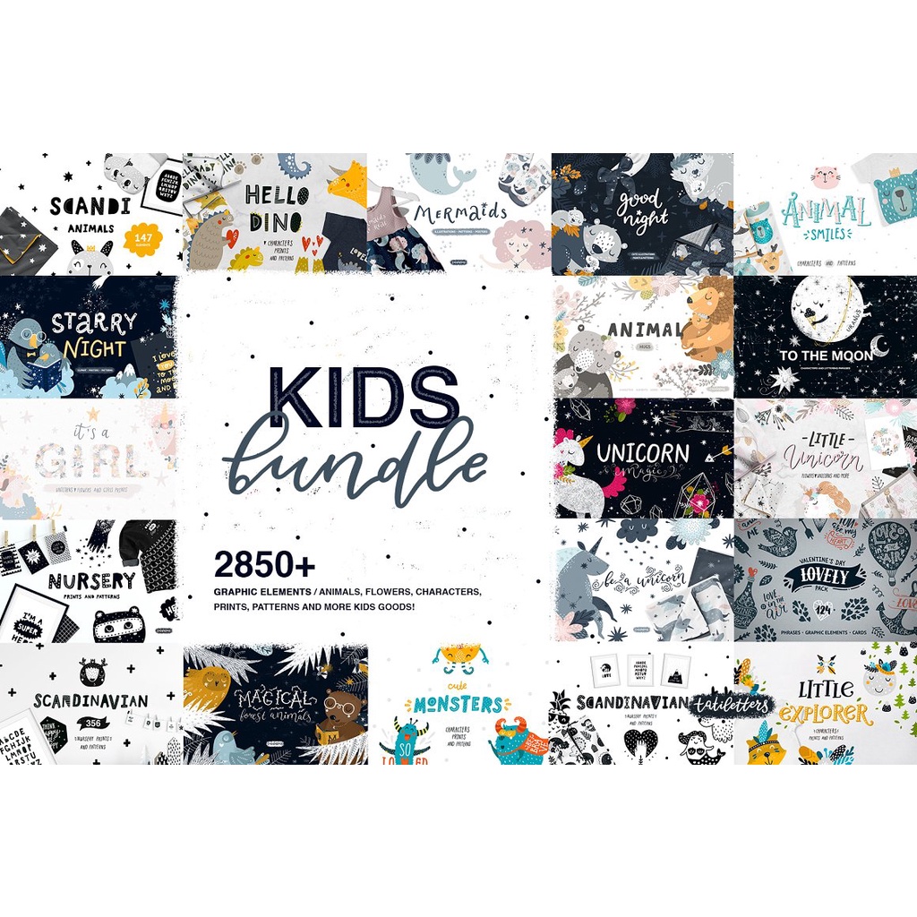 [C2] 2850++ Kids Bundle Graphic Elements Patterns PSD EPS PNG Cartoon ...