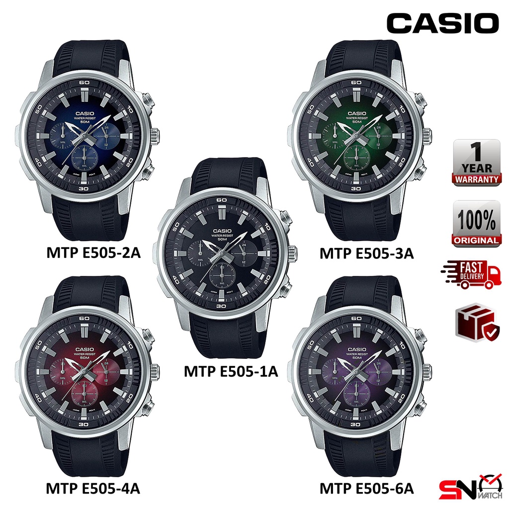 Casio MTP-E505 Multi Hands Fashion Quartz Analog Black Resin Band Men Watch Jam Tangan Lelaki ...
