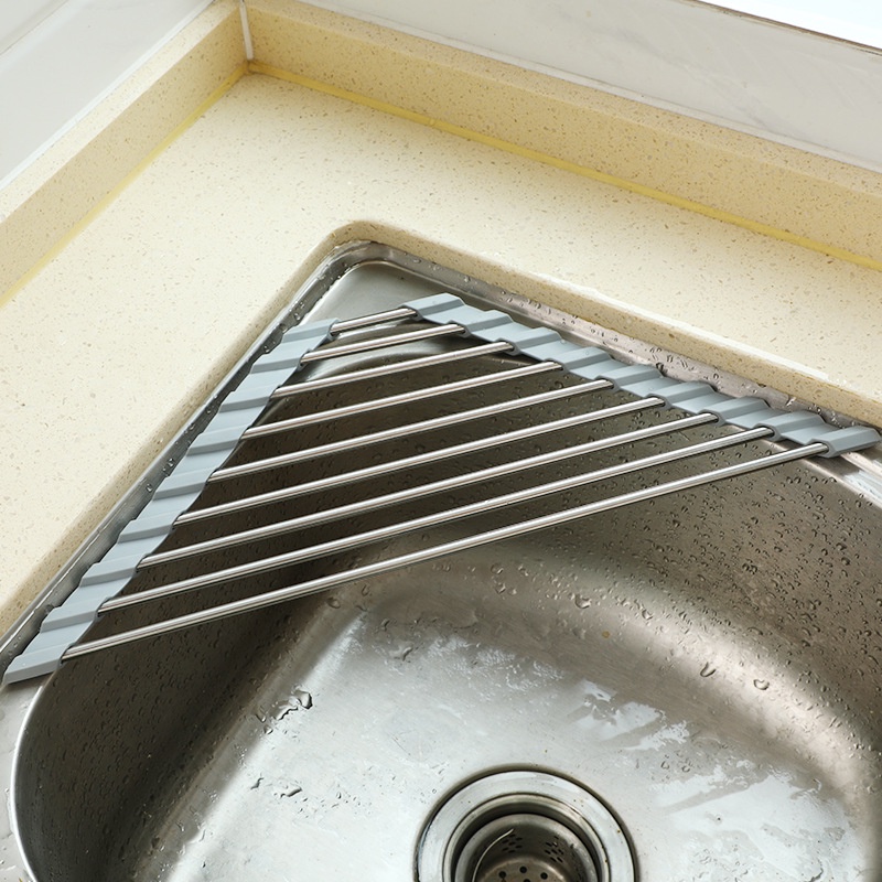 Triangle Dish Drying Rack For Sink Corner Roll Up Caddy Sponge Holder