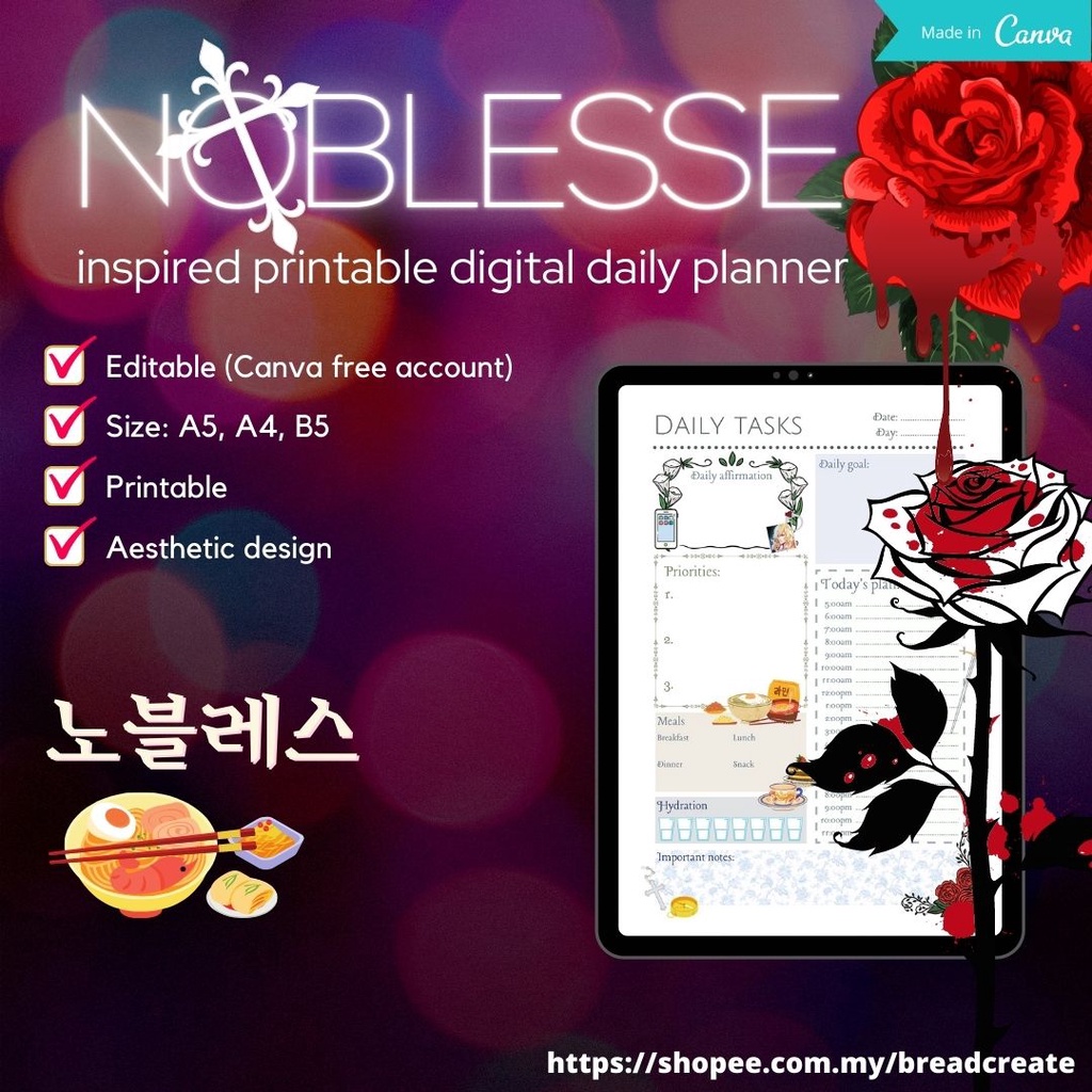 Noblesse Inspired Digital Daily Planner: Korean Hangul Manhwa Editable ...