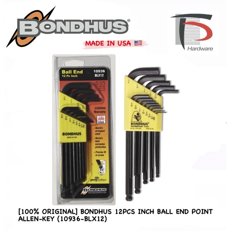 [100% ORIGINAL] BONDHUS 12PCS INCH BALL END POINT ALLEN-KEY (10936 ...