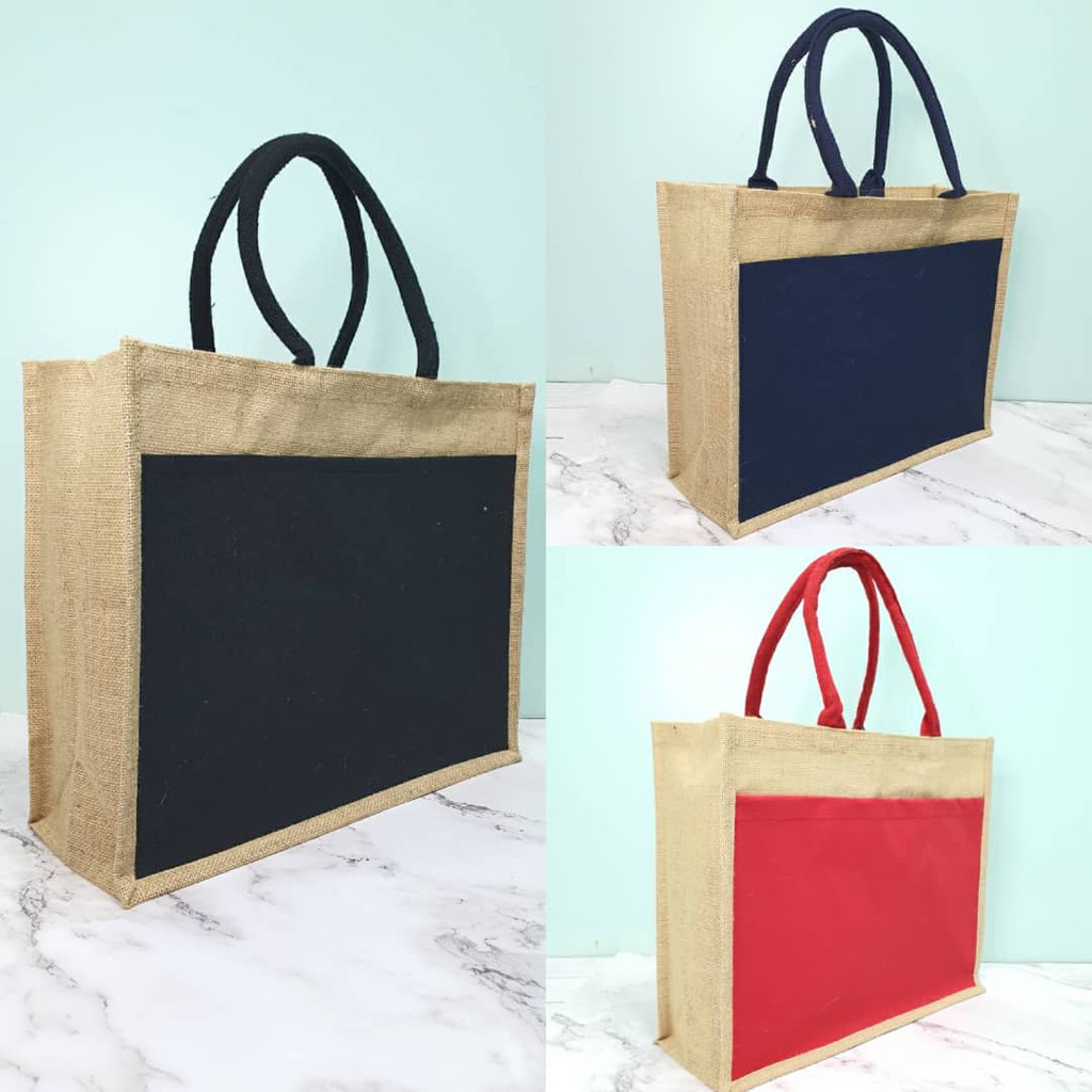 Big Jute Bag A3 Size with Front Black Navy Red Pocket Plain Women Tote ...