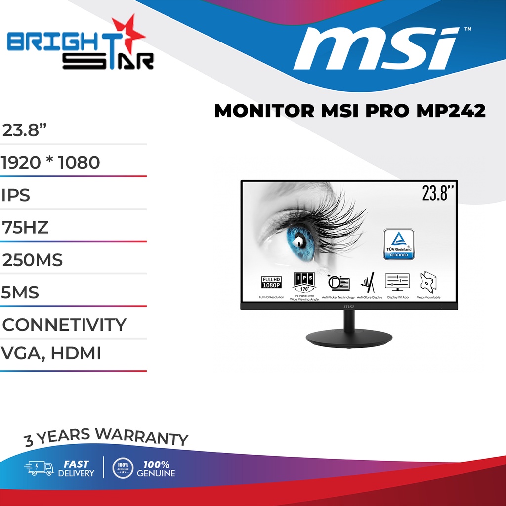 MSI 24" MSI PRO MP242 MP242P EYE-CARE MONITOR / 23.8" / 1920 x 1080 ...