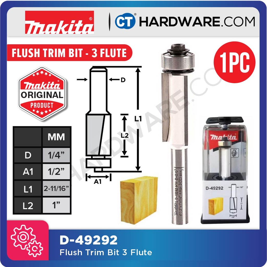MAKITA ROUTER BIT - FLUSH TRIM BIT 3 FLUTE 1/4" SHANK (1/2" DIAMETER ...