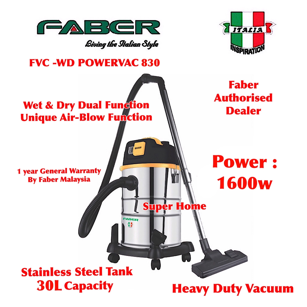 Faber Vacuum Cleaner FVC-WD POWERVAC 830 Wet & Dry Heavy Duty Vacuum Cleaner 30L Stainless Steel ...