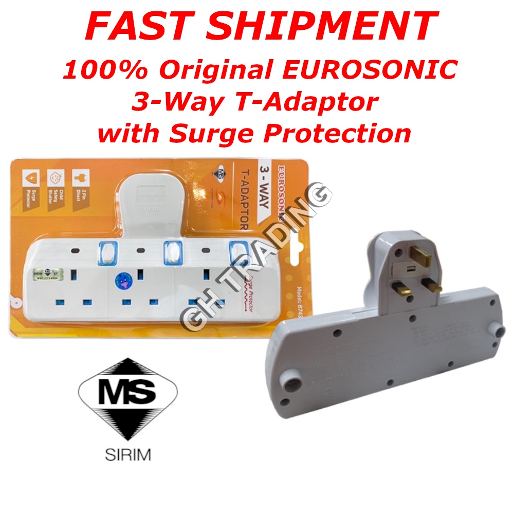 [sirim] 3 Way T Adaptor 4 Way T Adaptor Eurosonic 3 Pin Socket Extension Plug Surge Protector